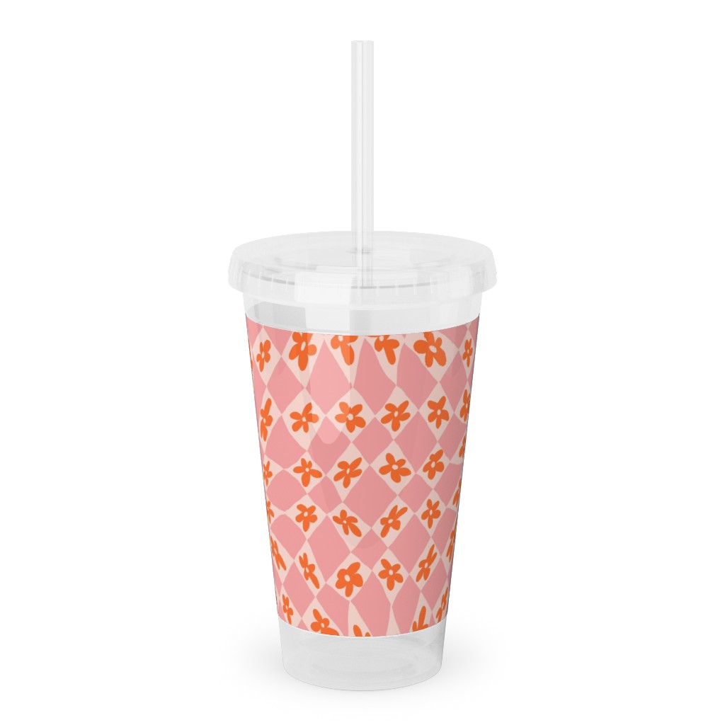 Trippy Checker - Floral - Pink and Orange Acrylic Tumbler with Straw ...