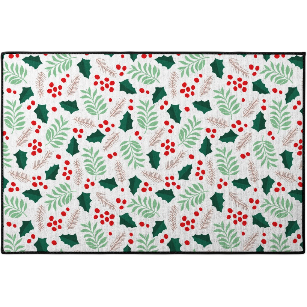 Botanical Christmas Garden Pine Leaves Holly Branch Berries - Green and ...