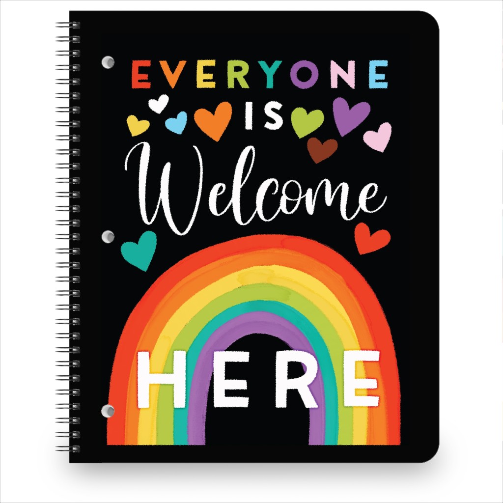Everyone Is Welcome Here - Pride Rainbow & Hearts on Black Notebook ...