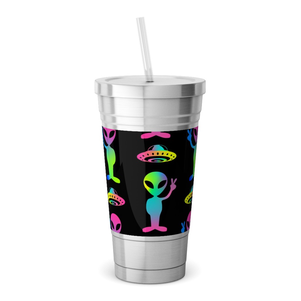 90's Rainbow Aliens and Ufos - Multi on Black Stainless Tumbler with ...